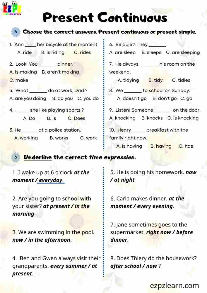 Present Continuous Worksheet – Time Expressions & Tense Practice (Simple vs. Continuous) PDF ...